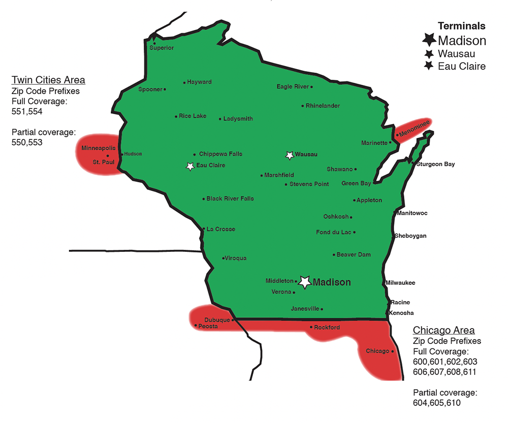 Service Area - Pulvermacher Cartage of Wisconsin.